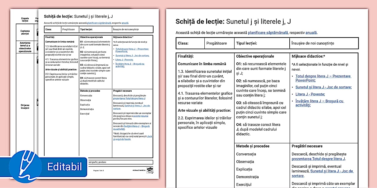 Sunetul j și literele j, J: Predare – Schiță de lecție