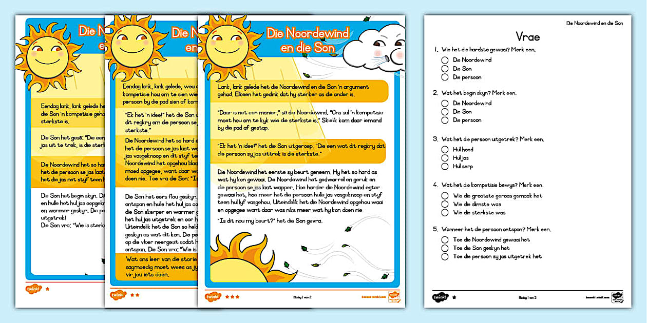 Grondslagfase Die Noordewind en die Son Leesbegripsaktiwiteit (KABV Belyn)
