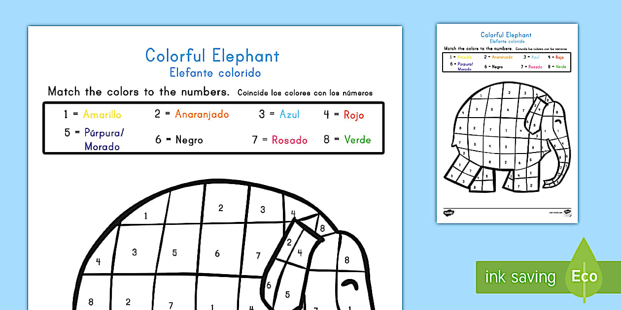 Color by Number Sheet to Support Teaching on Elmer - English/Spanish ...