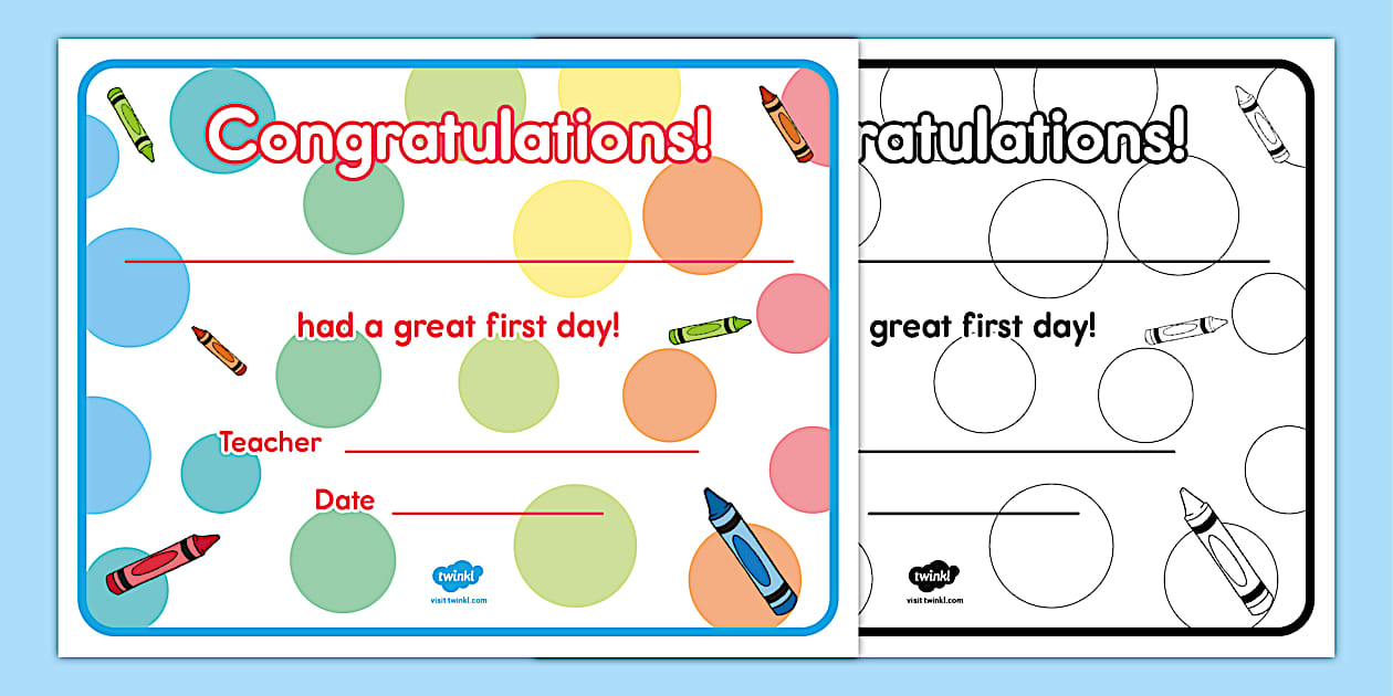 Editable First Day of School Certificate - Twinkl