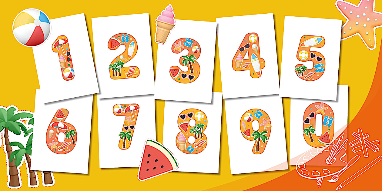 Numbers 0 to 9 Summer-Themed Icons Illustrated Posters Pack