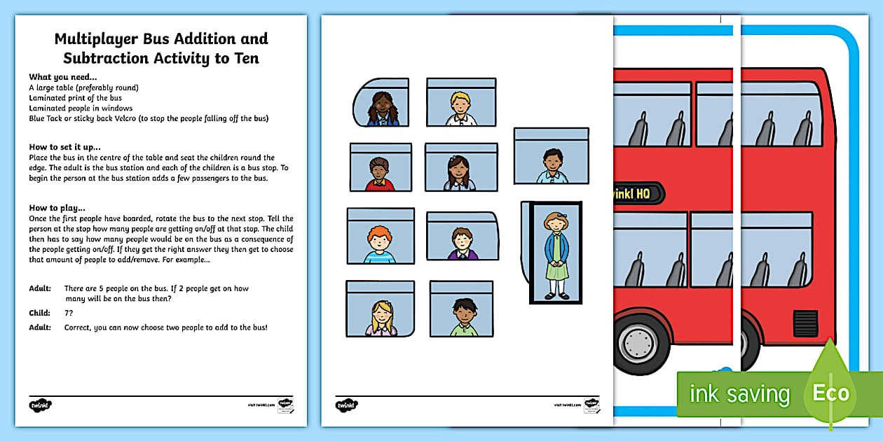Multiplayer Bus Addition and Subtraction Activity to Ten - add