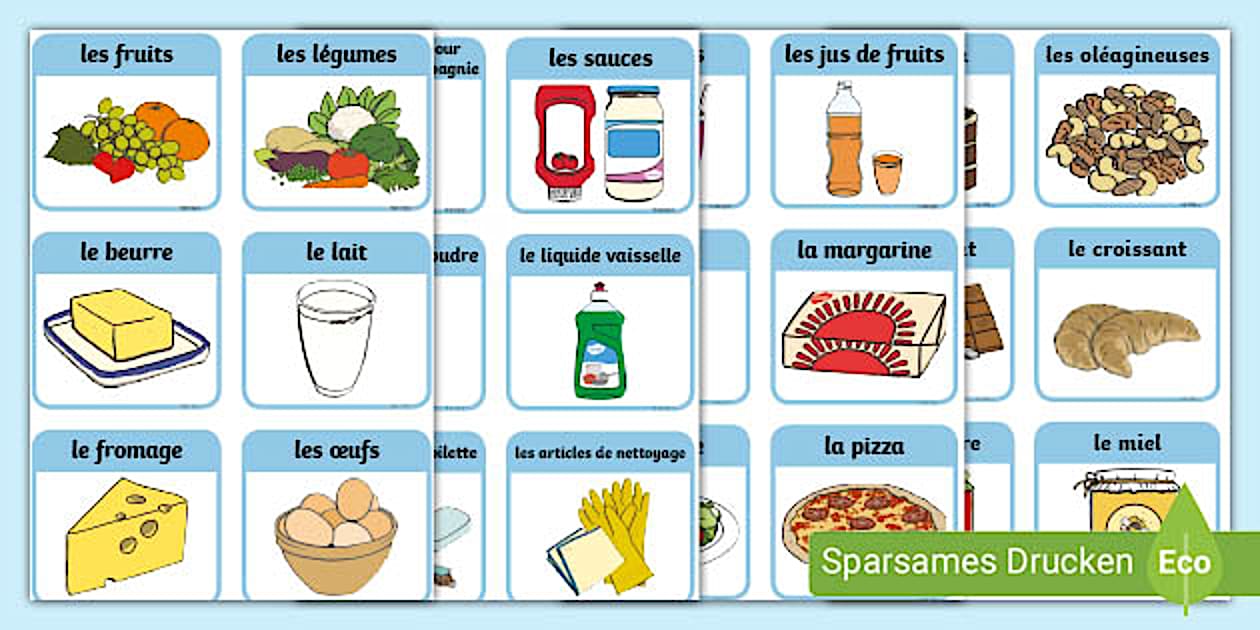 Cartes de vocabulaire : la nourriture et produits ménagers