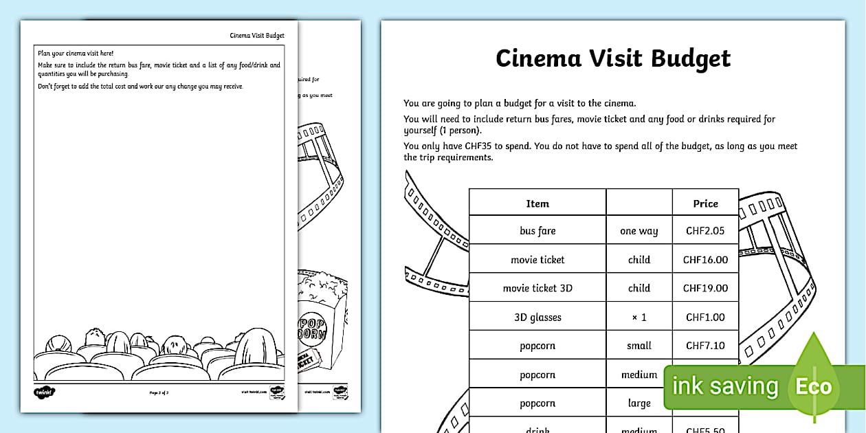 Cinema Visit Budget Worksheet for Switzerland (teacher made)