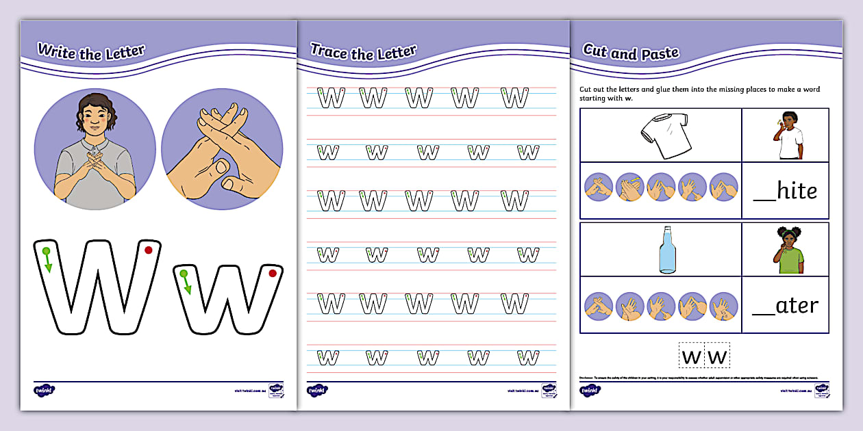 Letter W Handwriting Worksheets with Auslan (Teacher-Made)