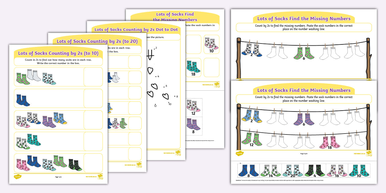 Lots of Socks Count by 2s Differentiated Worksheets - Twinkl