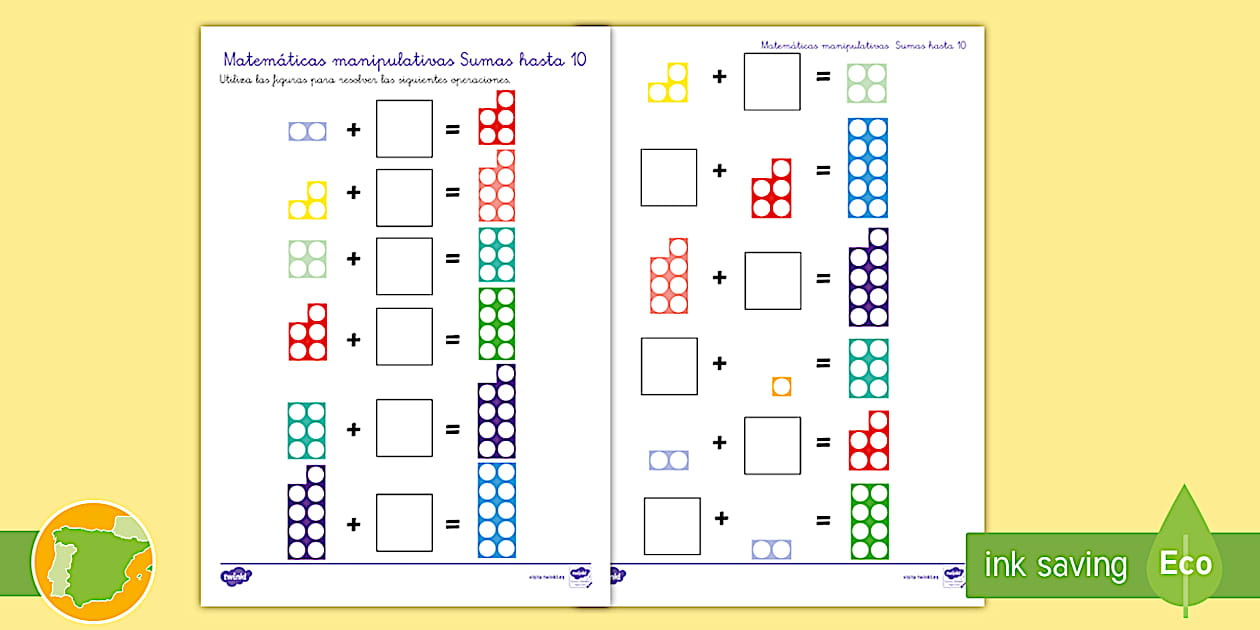 Ficha de actividad: Matemáticas manipulativas - Sumas hasta 10