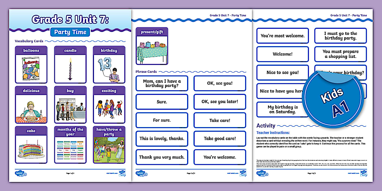 Turkey Curriculum English Vocabulary Cards: Grade 5 Unit 7