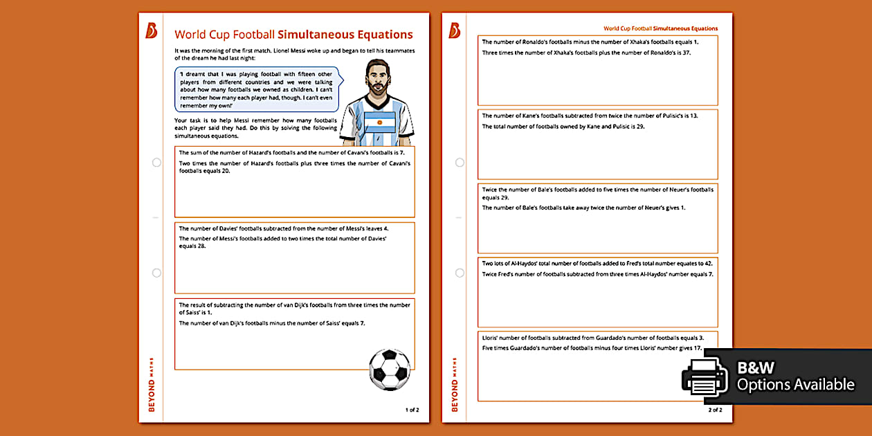 Football Men's World Cup Simultaneous Equations Challenge Cards