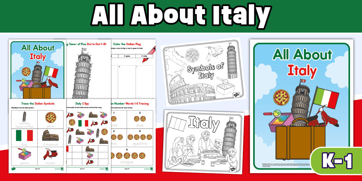 All About Italy Activity Booklet for K-1st Grade