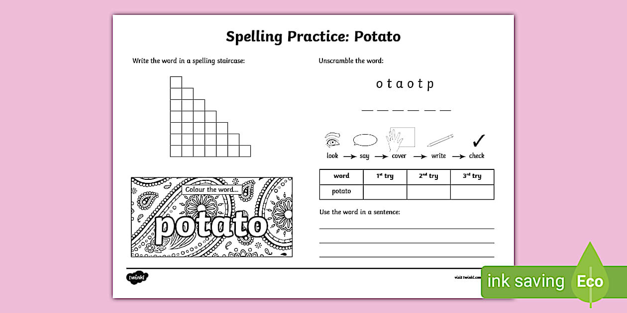 Potato Spelling Practice Worksheet (Teacher-Made) - Twinkl