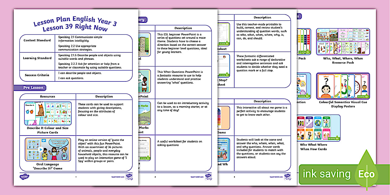 Lesson Plan English Year 3 Lesson 39 Right Now - Twinkl