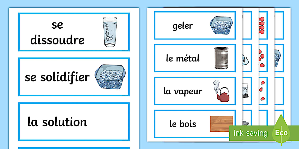 Cartes de vocabulaire : Les solides, les liquides et les gaz