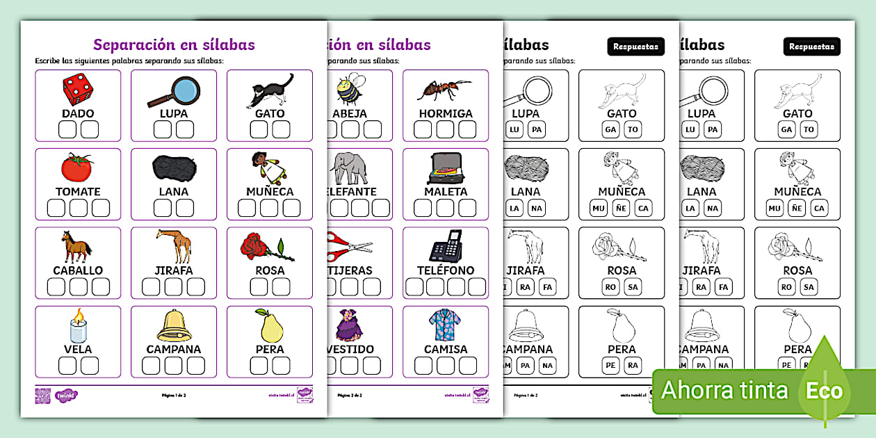 Hoja de trabajo: Separación en sílabas (teacher made)