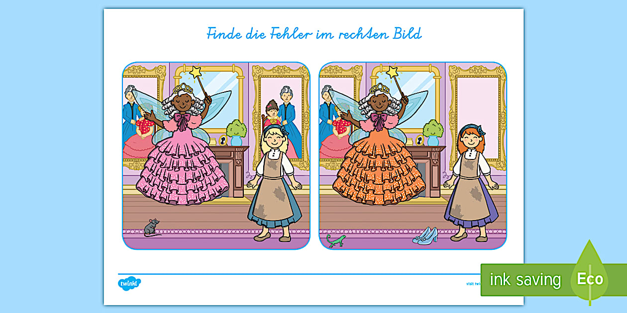 Aschenputtel: Finde die Fehler im Bild Arbeitsblatt - Twinkl