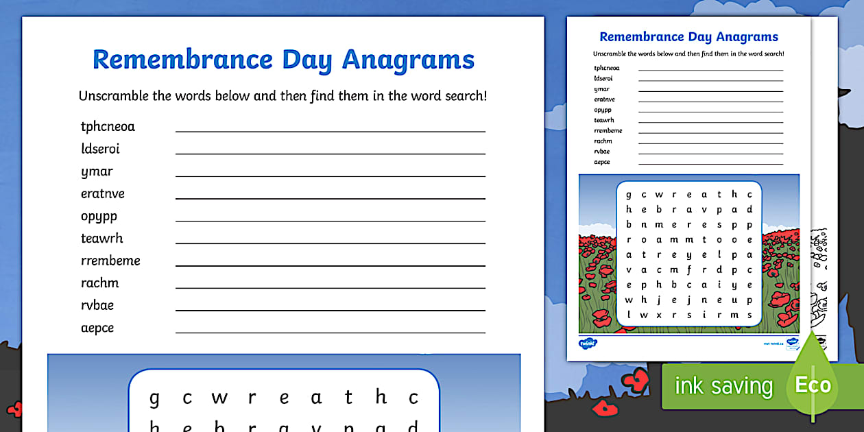 Remembrance Day Anagram Word Search (Hecho por educadores)