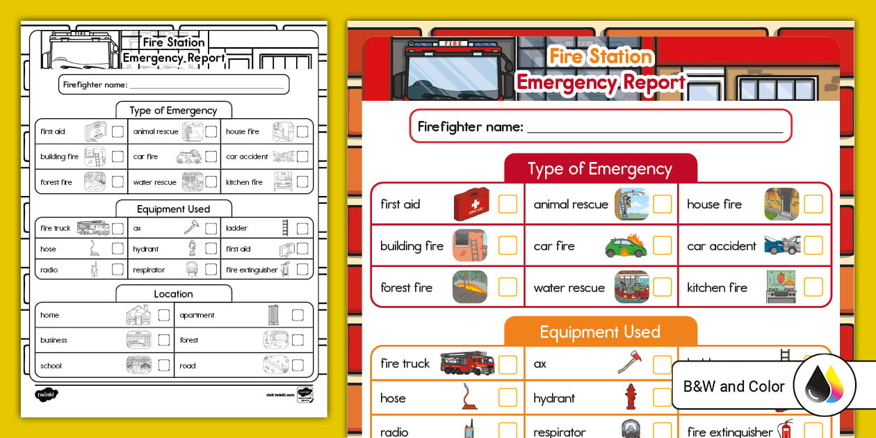 Fire Station Dramatic Play Emergency Report Form - Twinkl