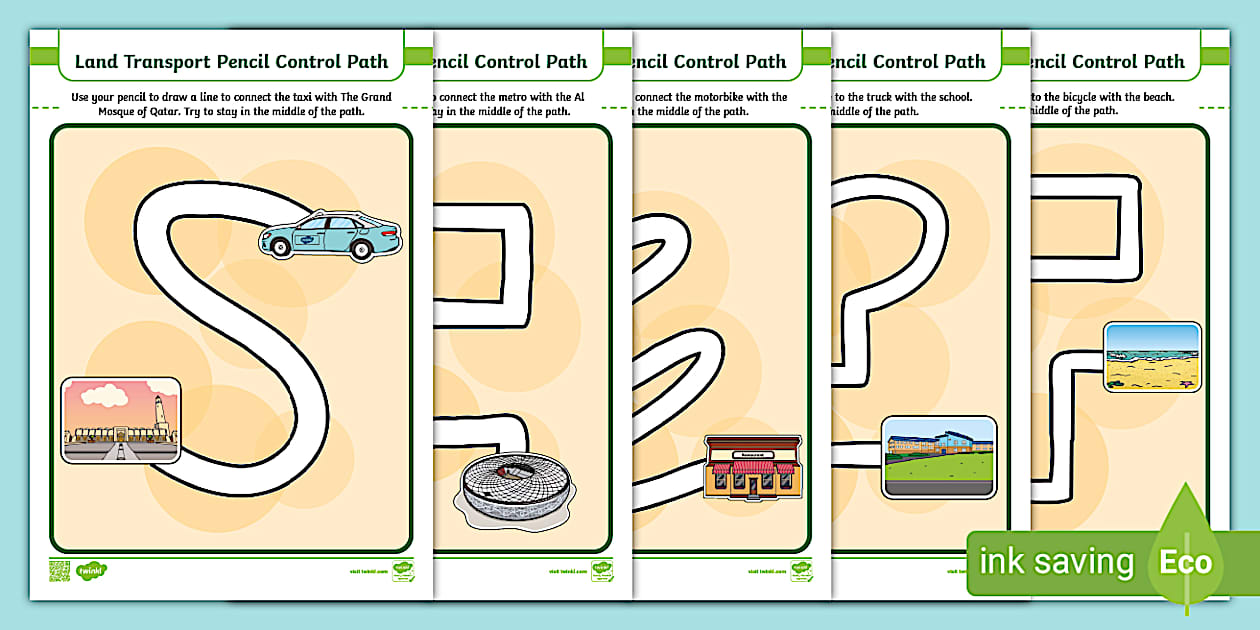 Land Transport Pencil Control Path Worksheets