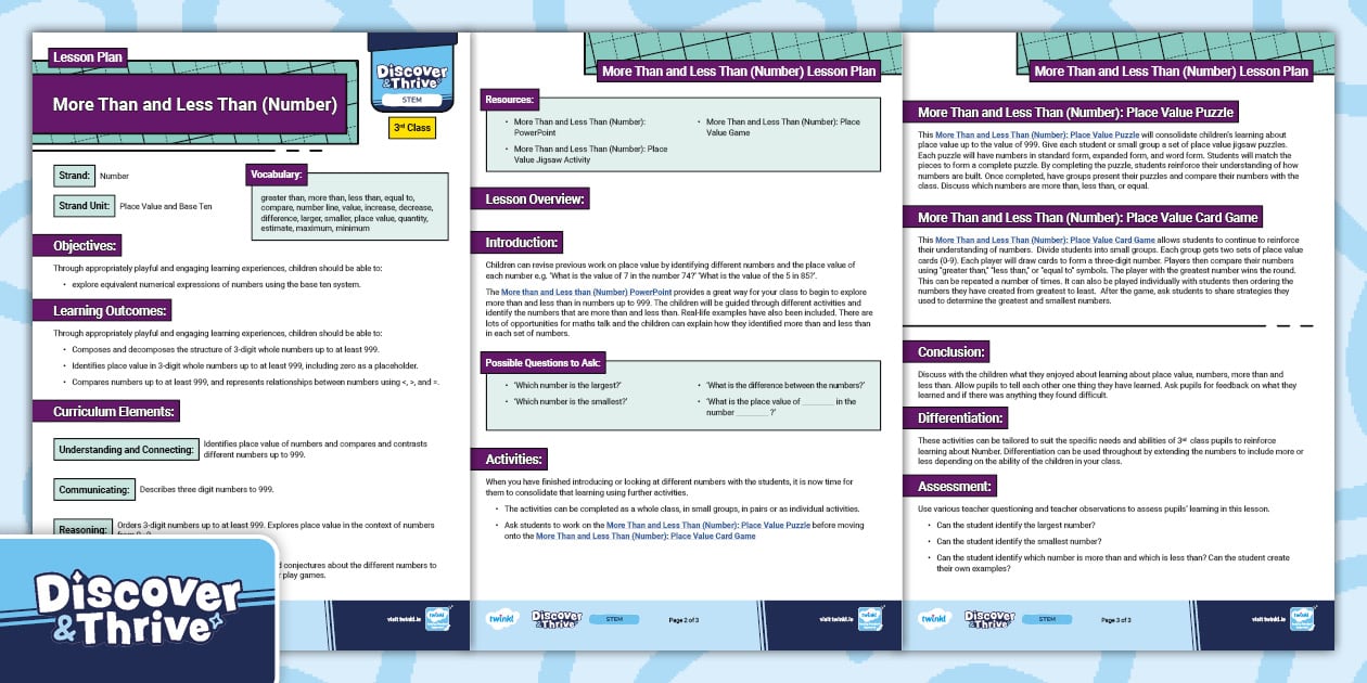 More Than and Less Than (Numbers) Lesson Plan (teacher made)