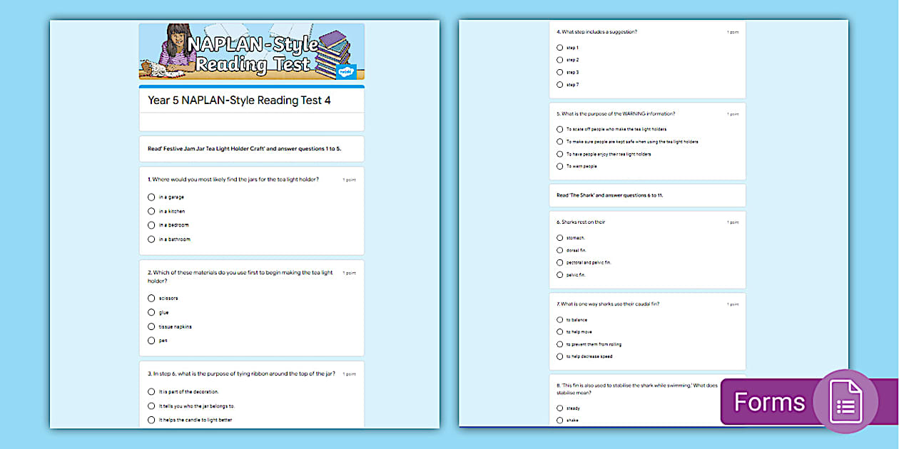 Year 5 Naplan-Style Reading Test 4 Google Form - Twinkl