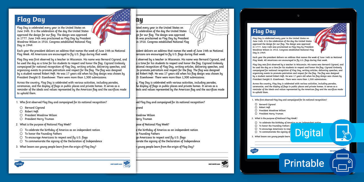 7th Grade Flag Day Comprehension PDF Worksheet | Twinkl USA