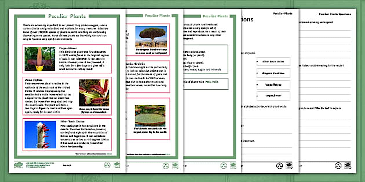 Editable Peculiar Plants LKS2 Non-Fiction Reading Comprehension