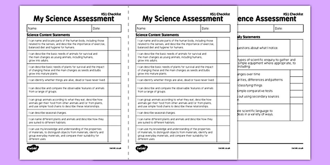 Editable KS1 Science Exemplification - I Can Statements Checklist