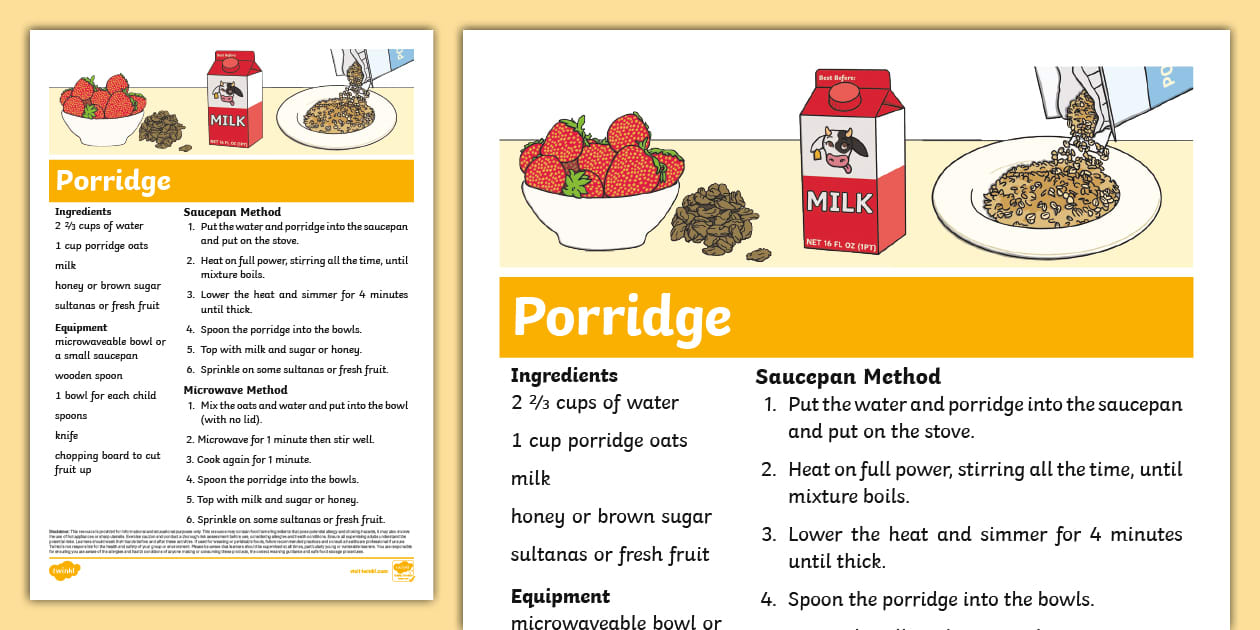 Editable Goldilocks and the Three Bears Porridge Recipe Sheet