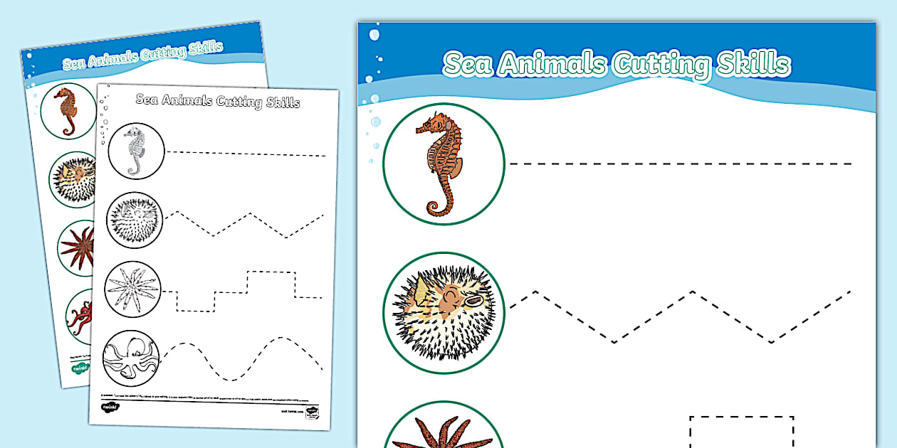 Sea Animals Cutting Skills Worksheet (teacher made) - Twinkl