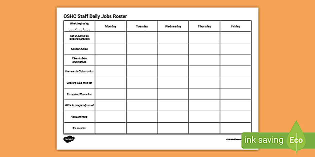 OSHC Editable Staff Daily Jobs Roster (teacher made)