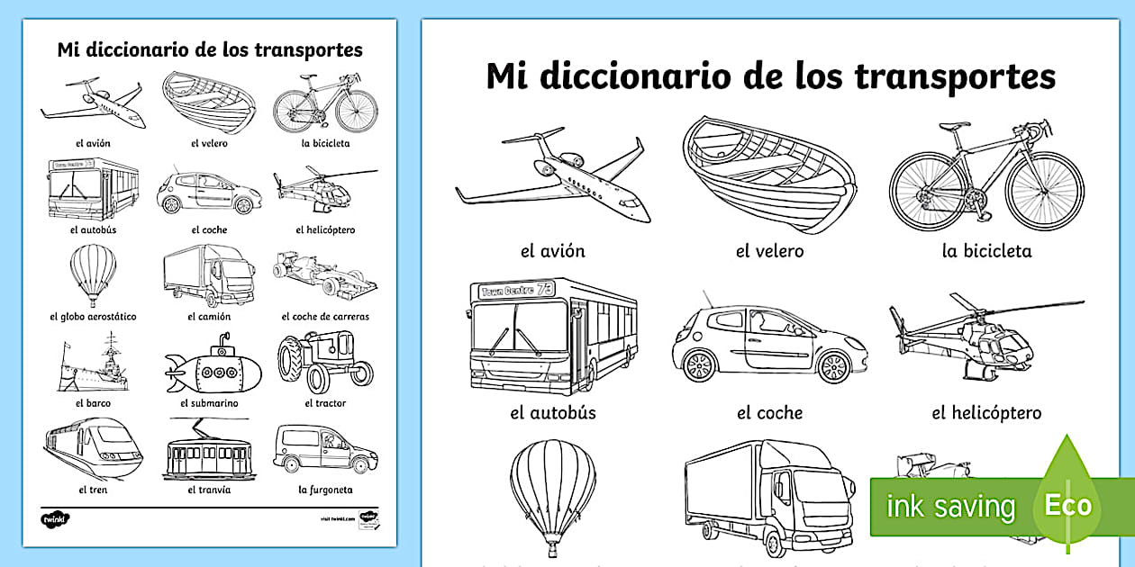 Transport Dictionary Words Colouring Sheet Spanish - Twinkl