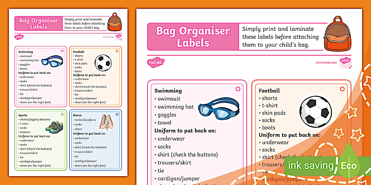 School Bag Organiser Labels (Teacher-Made) - Twinkl