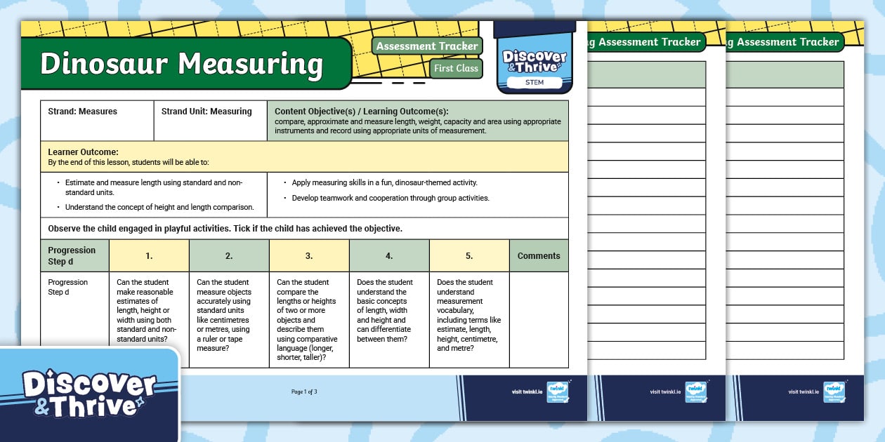 Dinosaur Measuring Assessment Tracker First Class - Twinkl