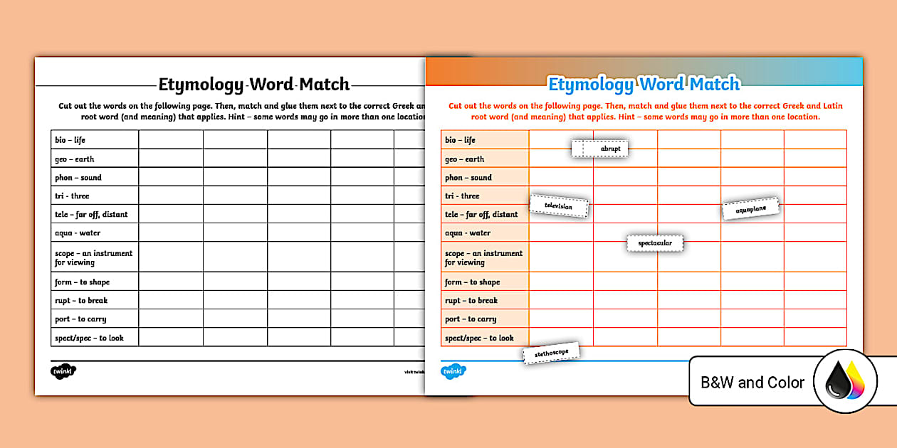 Sixth Grade Etymology Word Match Worksheet (Teacher-Made)