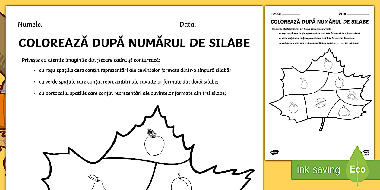 Frunza de toamnă Colorează după numărul de silabe