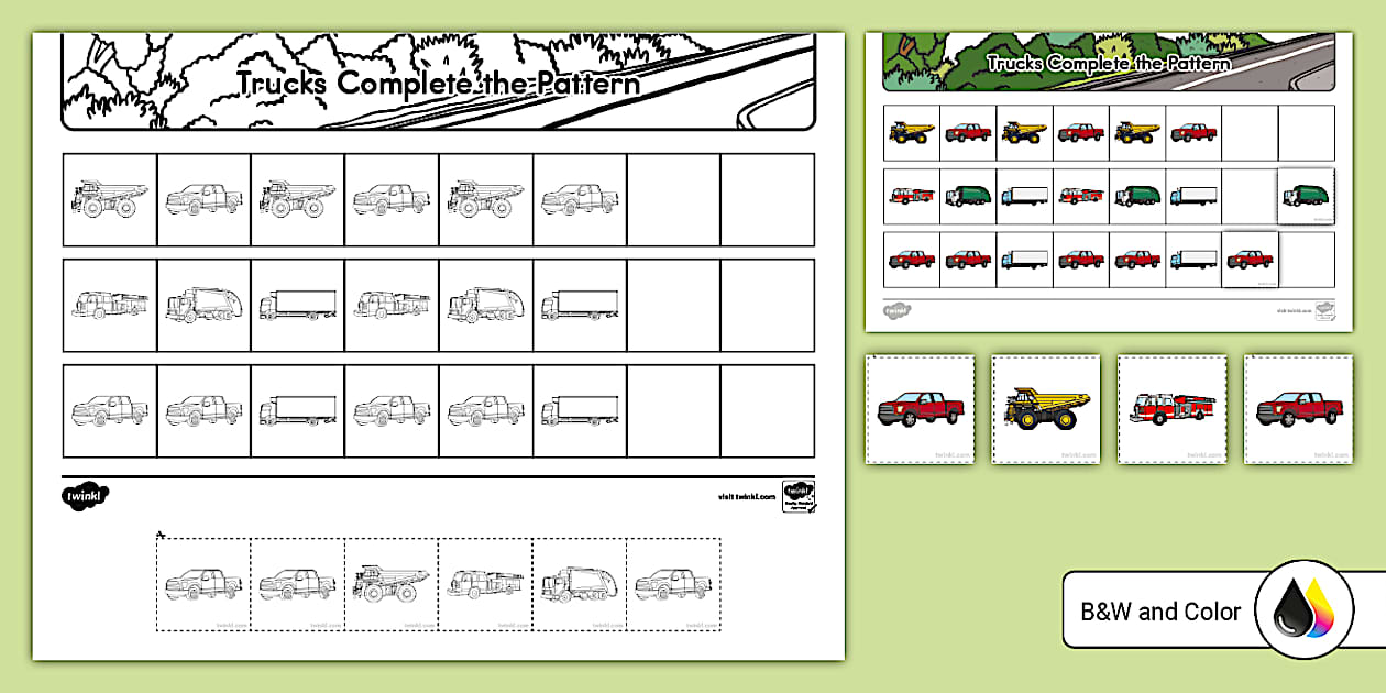 Trucks Complete the Pattern Worksheet for K-2nd Grade