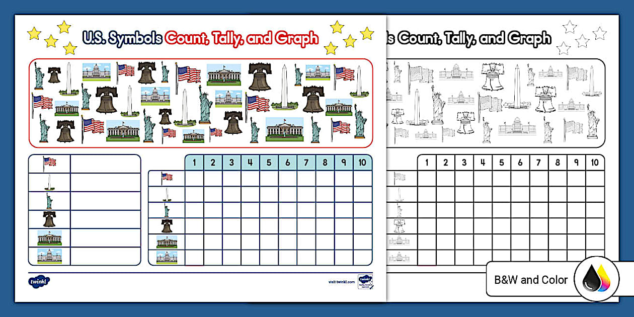 First Grade U.S. Symbols Count, Tally, and Graph Worksheet