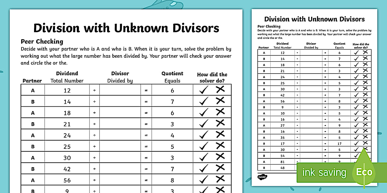 Division with Unknown Divisors Peer Checking Worksheet