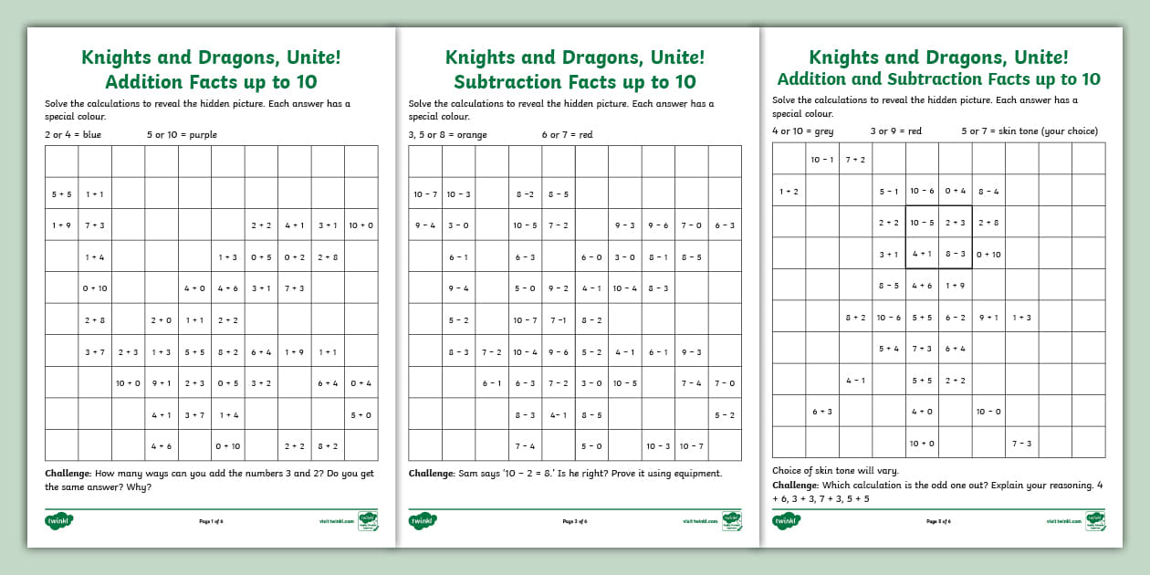 👉 Knights and Dragons, Unite! Themed Addition and Subtraction Facts ...