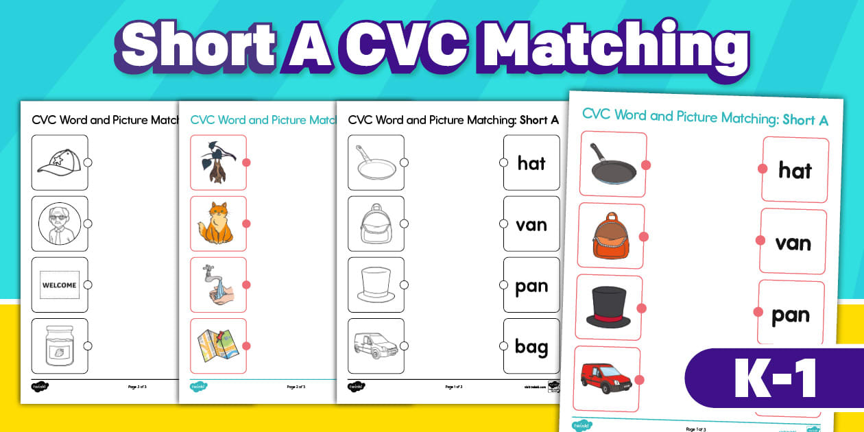 CVC Word and Picture Matching Worksheet: Short A for K-1st