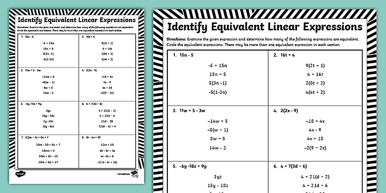 Seventh Grade Identify Equivalent Linear Expressions