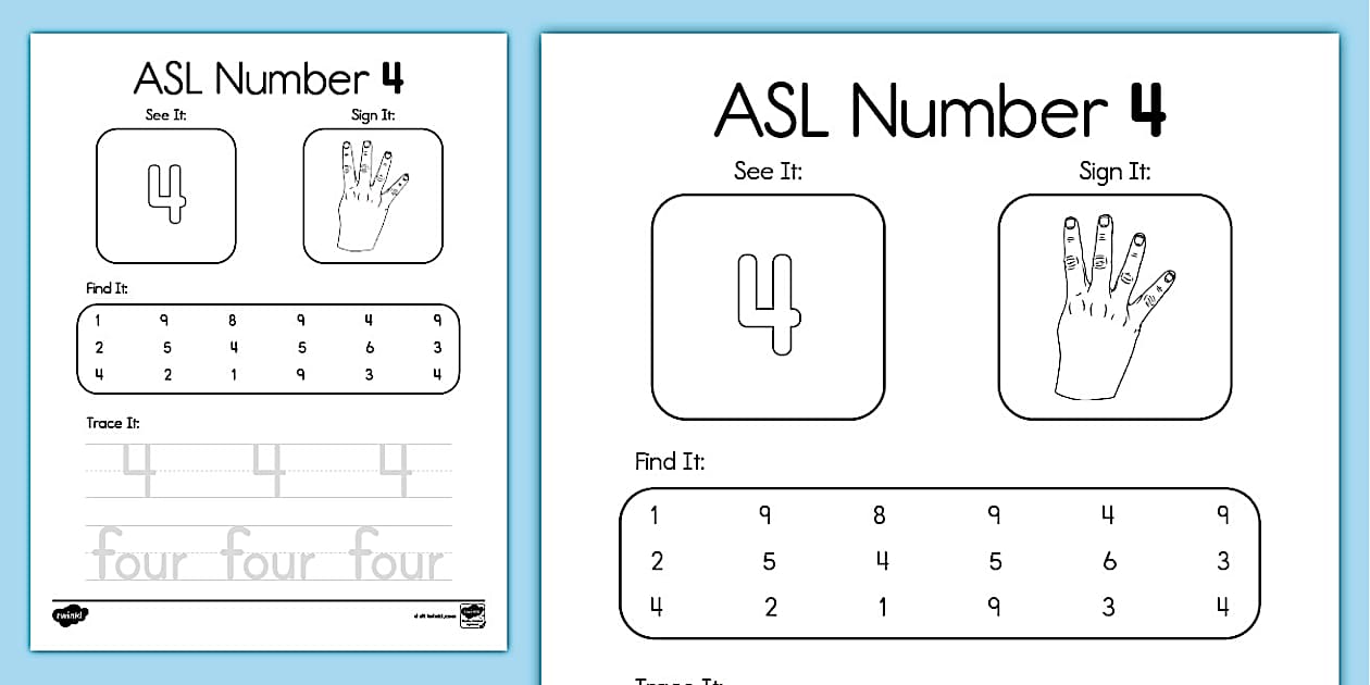 ASL Number 4 Activity Worksheet (Teacher-Made) - Twinkl