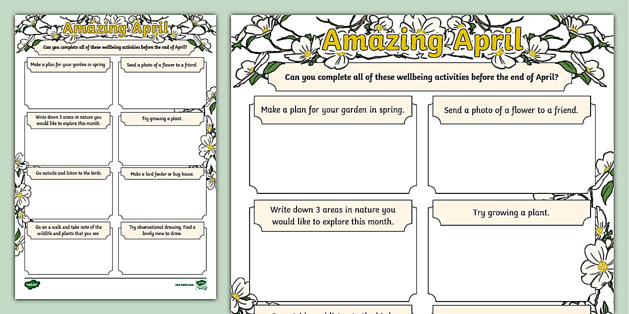 Amazing April Wellbeing Checklist (teacher made) - Twinkl