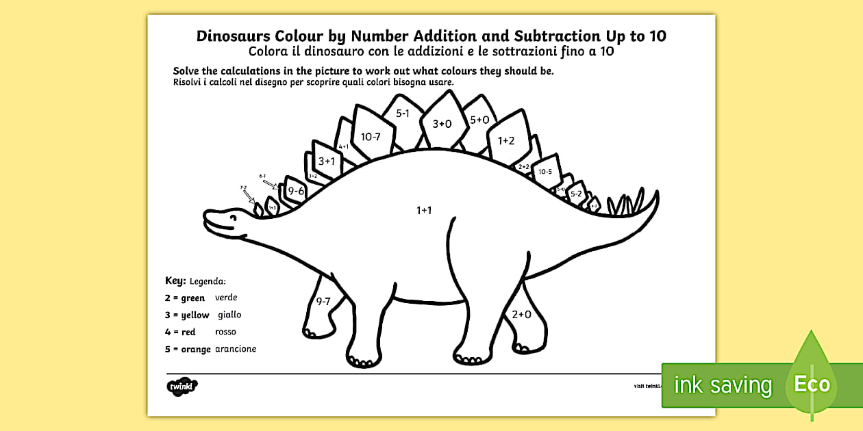 Dinosaurs Colour by Number Addition and Subtraction up to 10 English ...