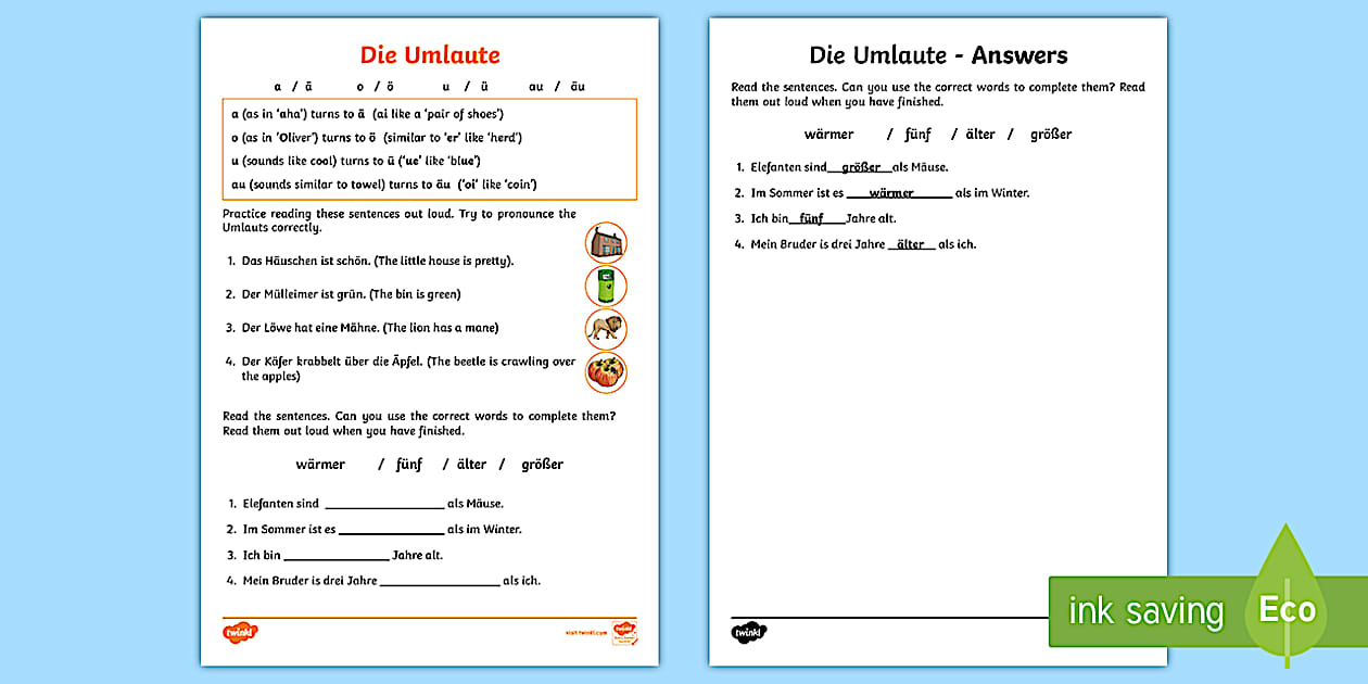 Umlaut KS2 - All About German Umlaute Worksheet - Twinkl