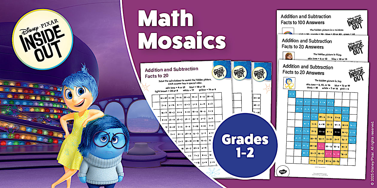 Inside Out: Addition and Subtraction Math Mosaic Worksheets