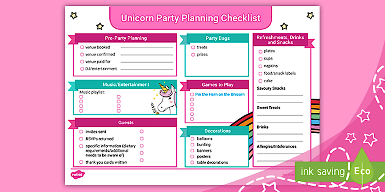 Unicorn Party Planning Checklist (teacher made) - Twinkl
