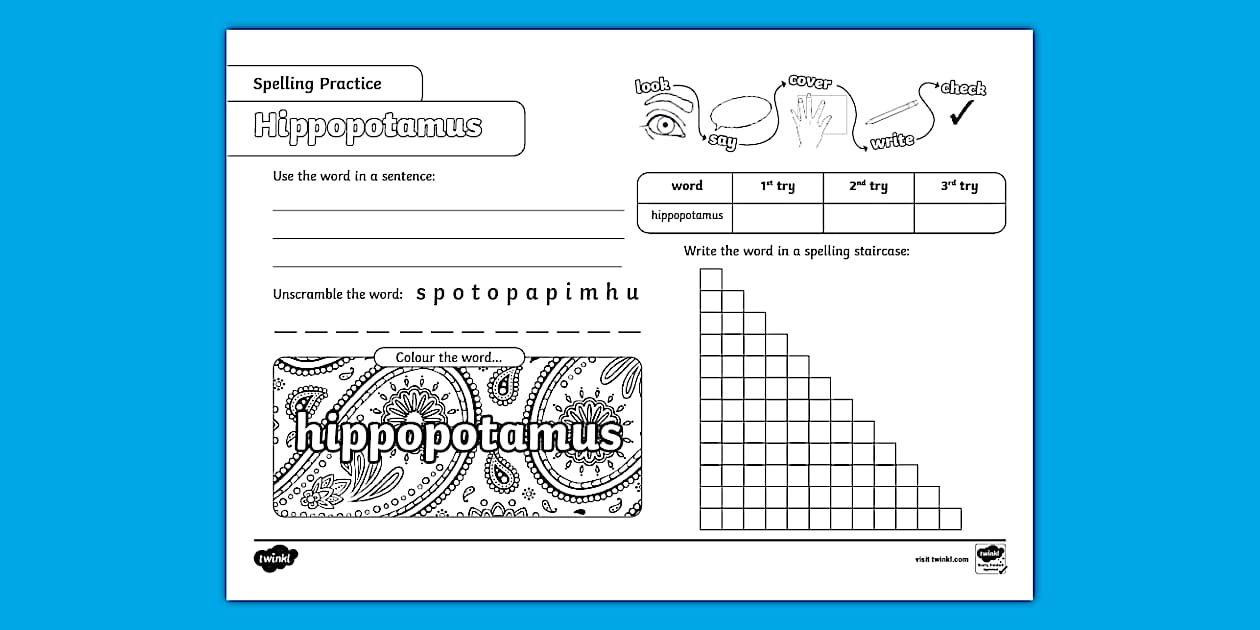 How to Spell Hippopotamus Worksheet (Teacher-Made) - Twinkl