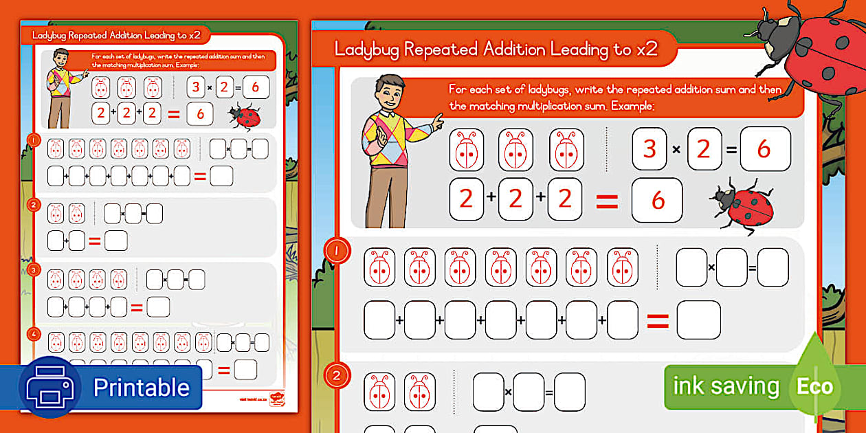 Grade1 Maths: Ladybug Repeated Addition of 2 Leading to Multiplication