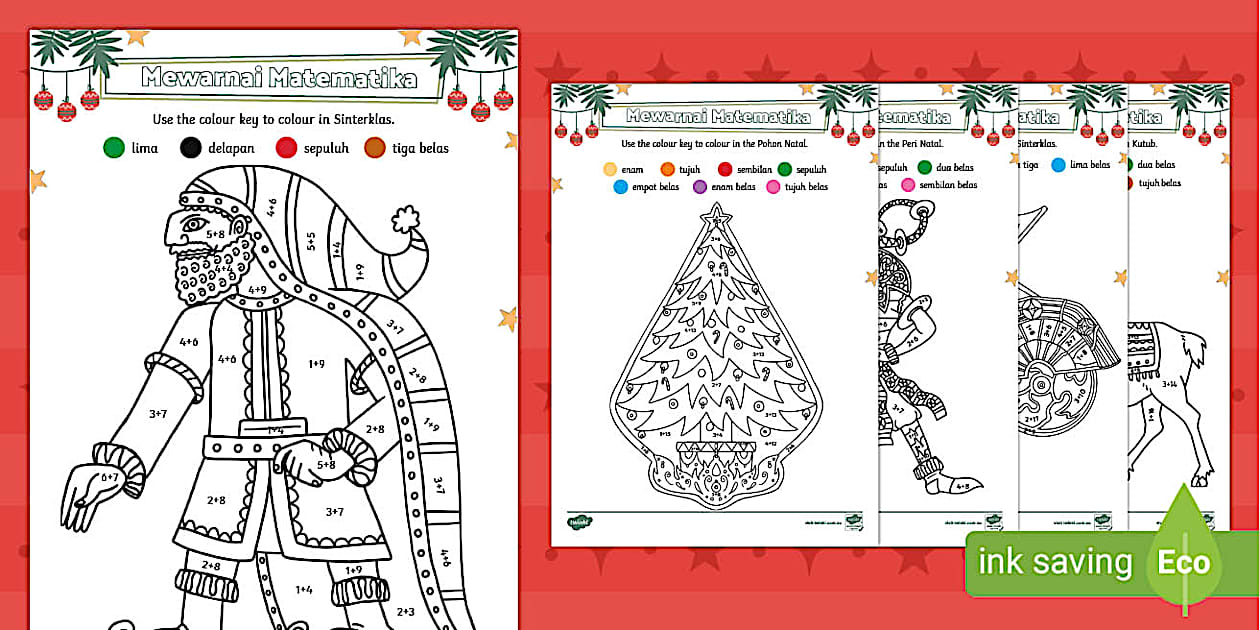 Christmas Colour by Numbers Maths - Indonesian - Twinkl